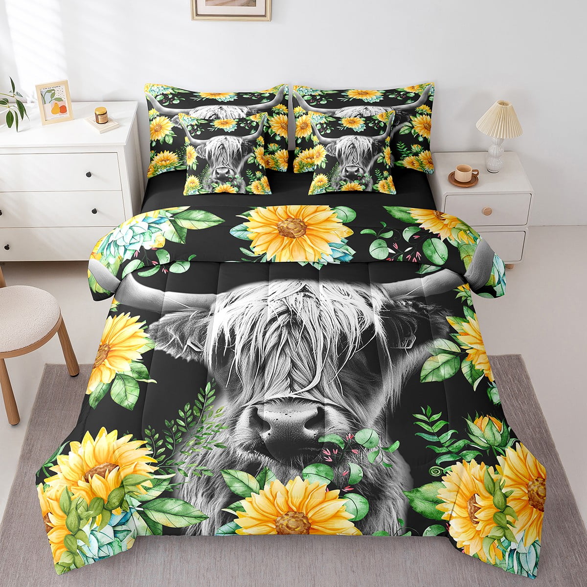 YST Highland Cow Bed In A Bag Full Yellow Sunflower Comforter Set 7 Piece For Kids Adults,Boho ...