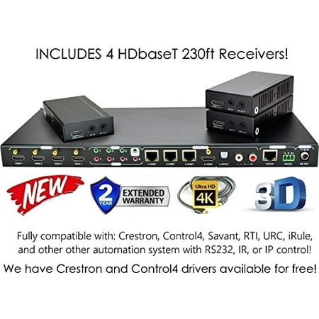 4x4 HDBT 4K Matrix SWITCHER with 3 Receivers (CAT5e or CAT6) HDMI HDCP2 ...