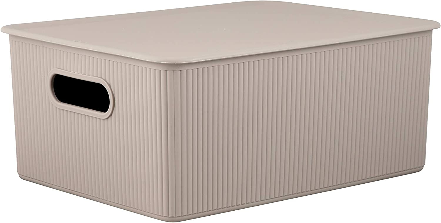 Superio 15L Medium Taupe Ribbed Storage Bin with Lid, Plastic Storage ...