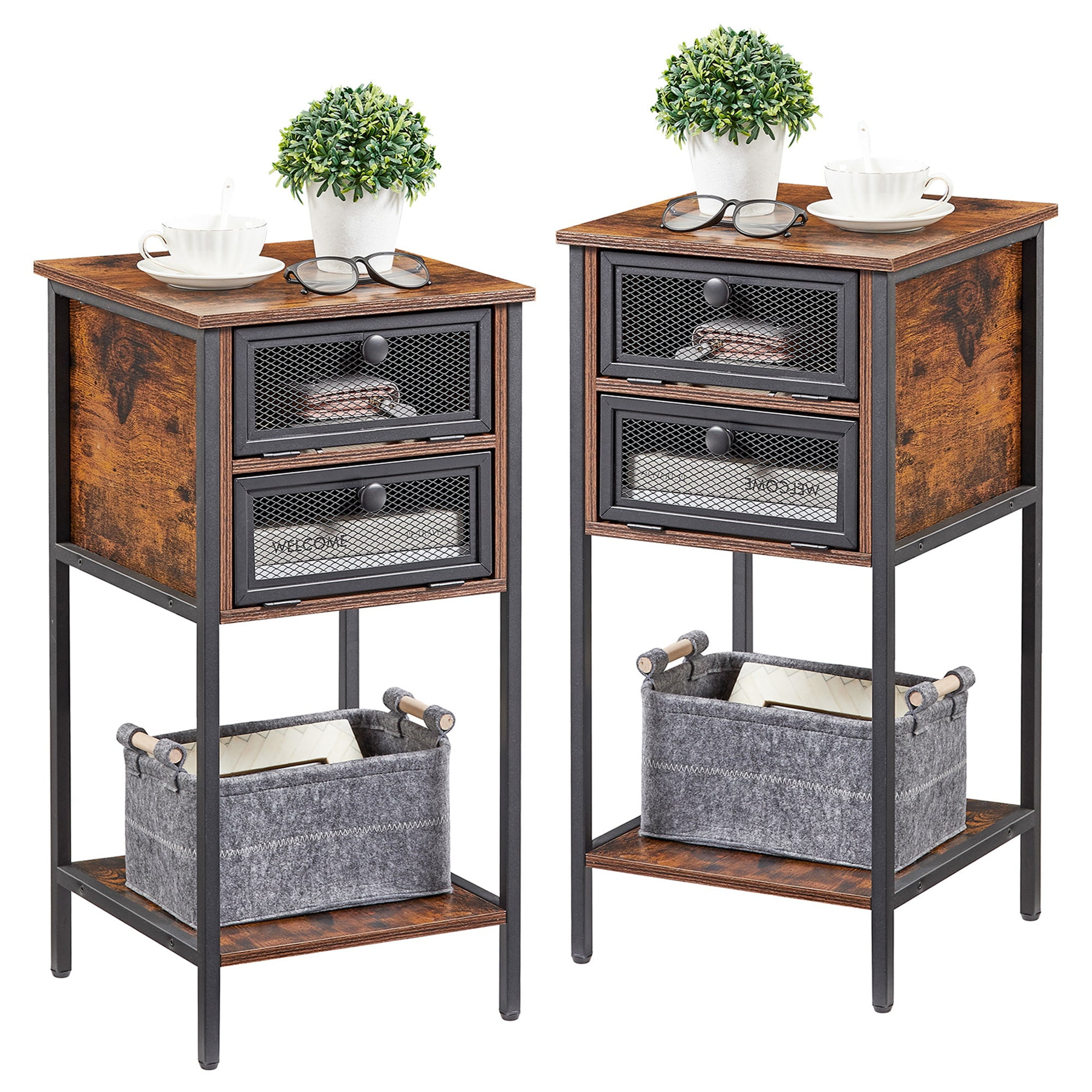 VECELO Set of 2 Nightstand with 2 Flip Drawer, Industrial End Table ...