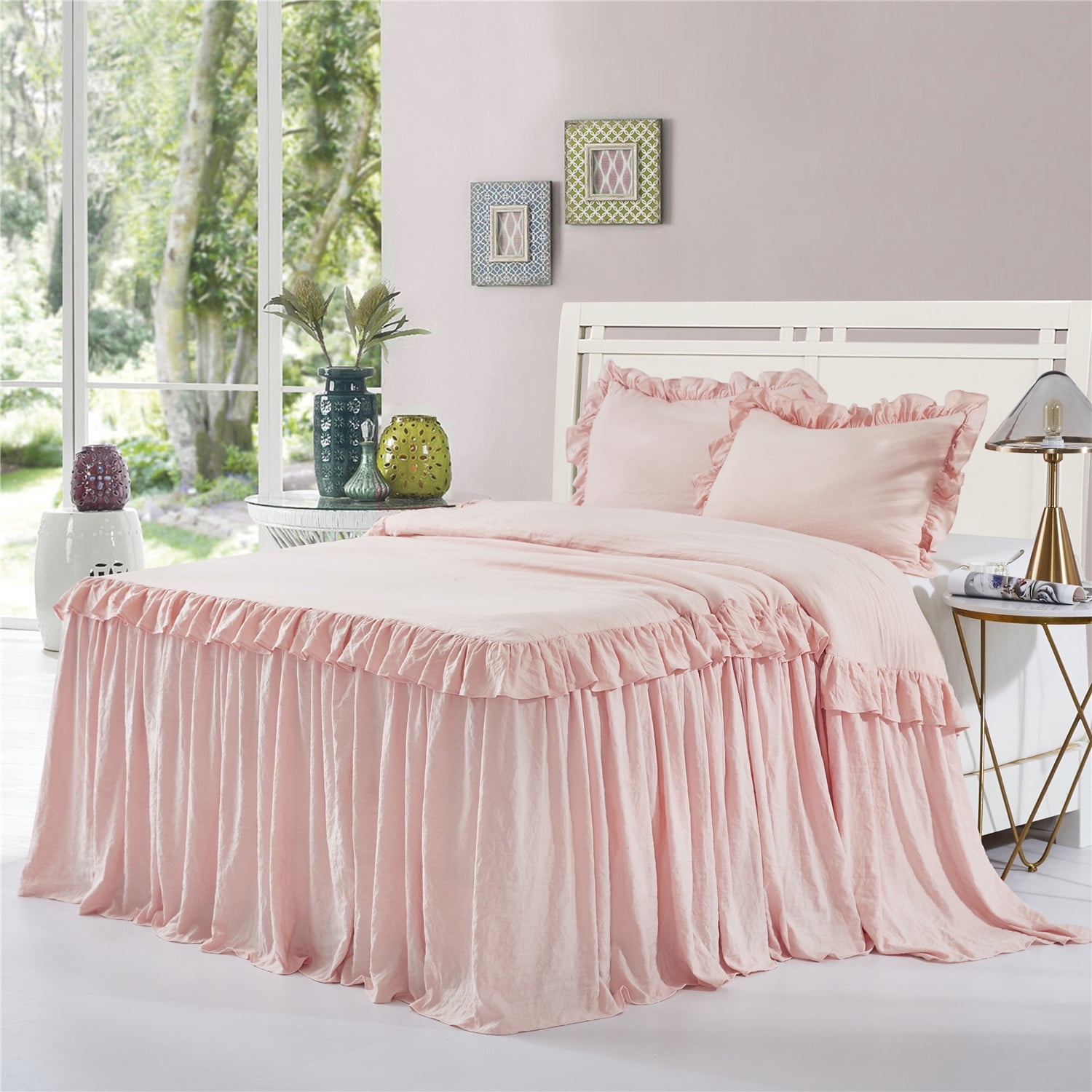 Hig 2 Piece Ruffle Skirt Bedspread Set Twin Pink Color 30 Inches Drop