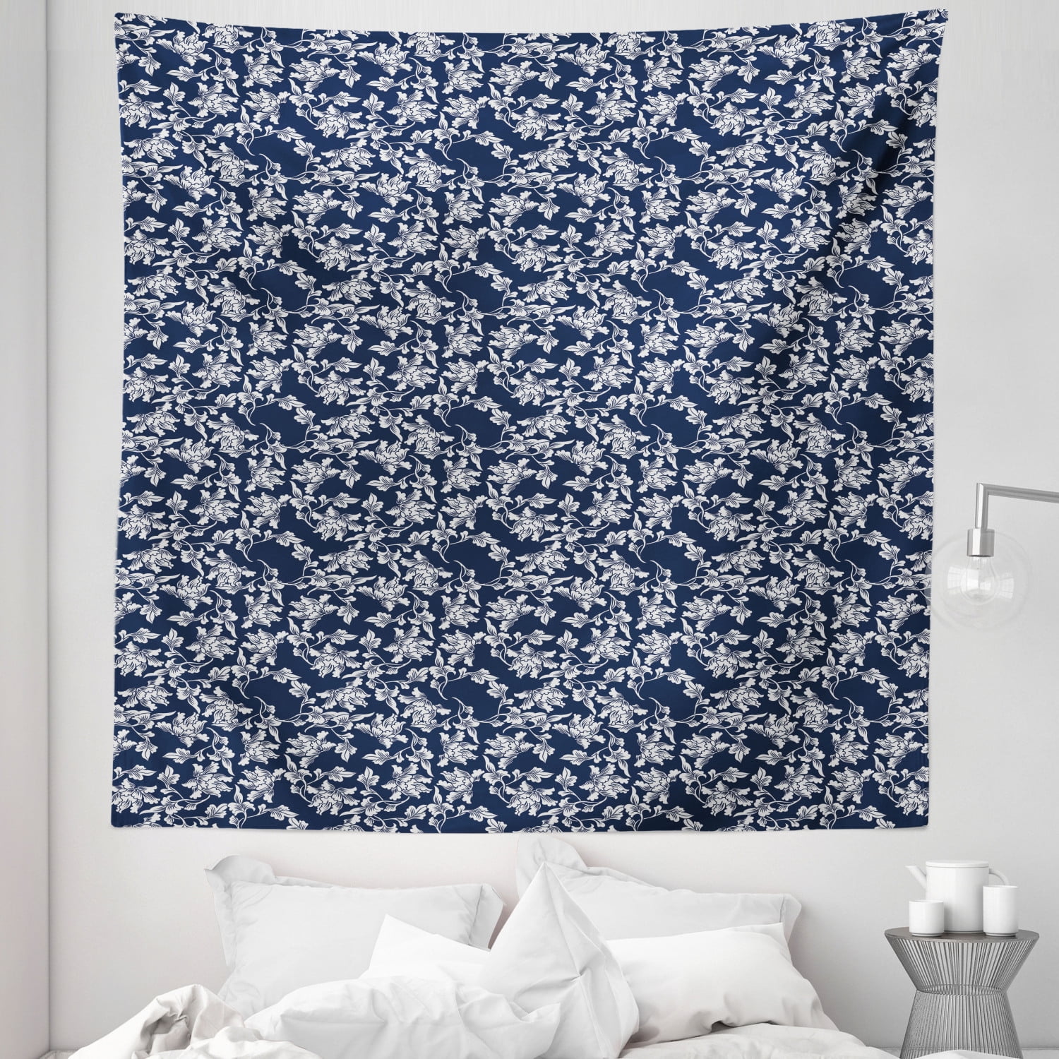 Navy Blue Tapestry, Floral Arrangement Botanic Foliage Pattern Japanese ...