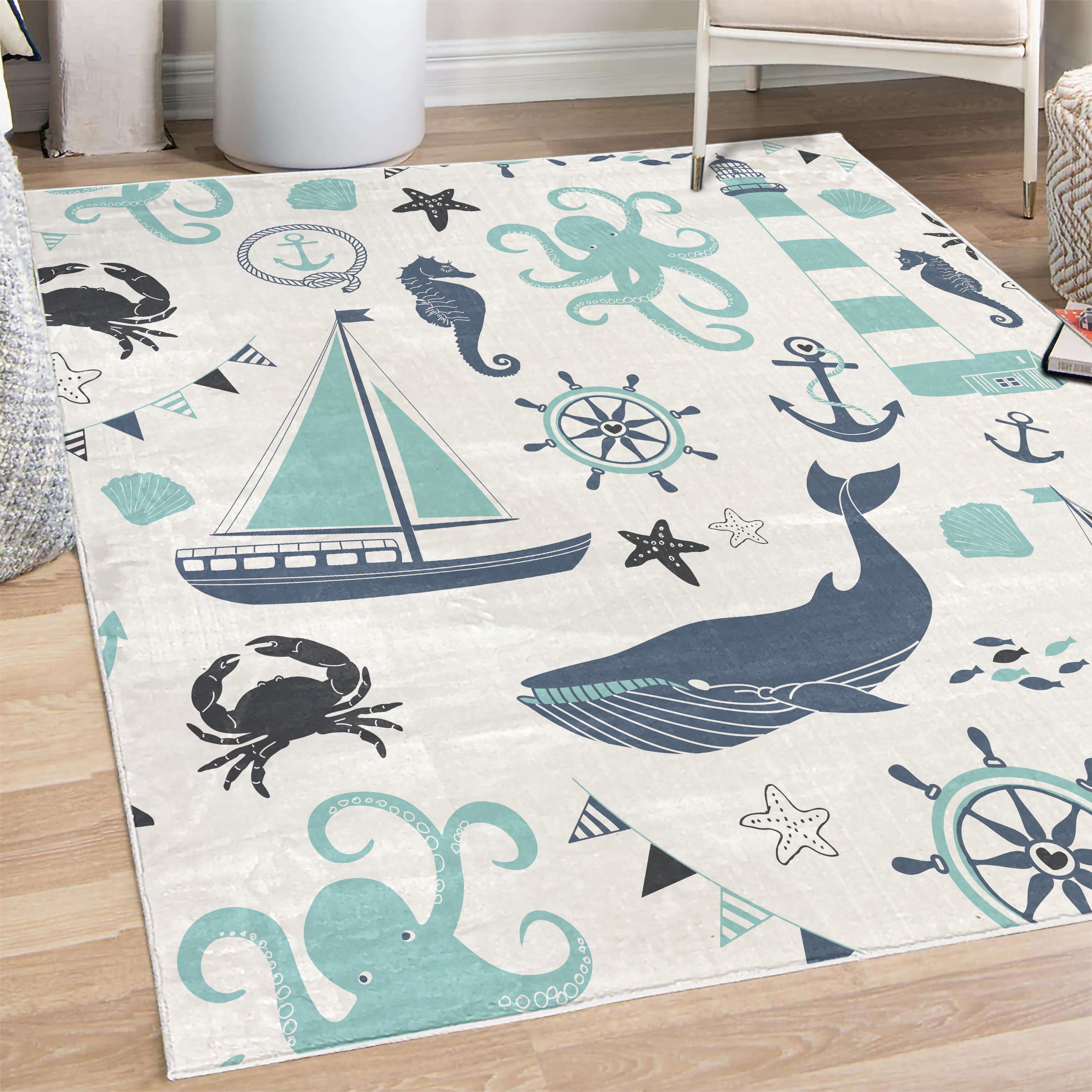 Nautical Decorative Rug, Pastel Colored Composition of Lighthouse ...