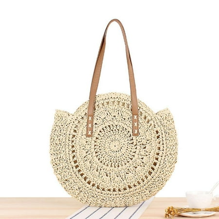 Round Handmade Straw Bag Wicker Natural Basket Bag Summer Crossbody ...