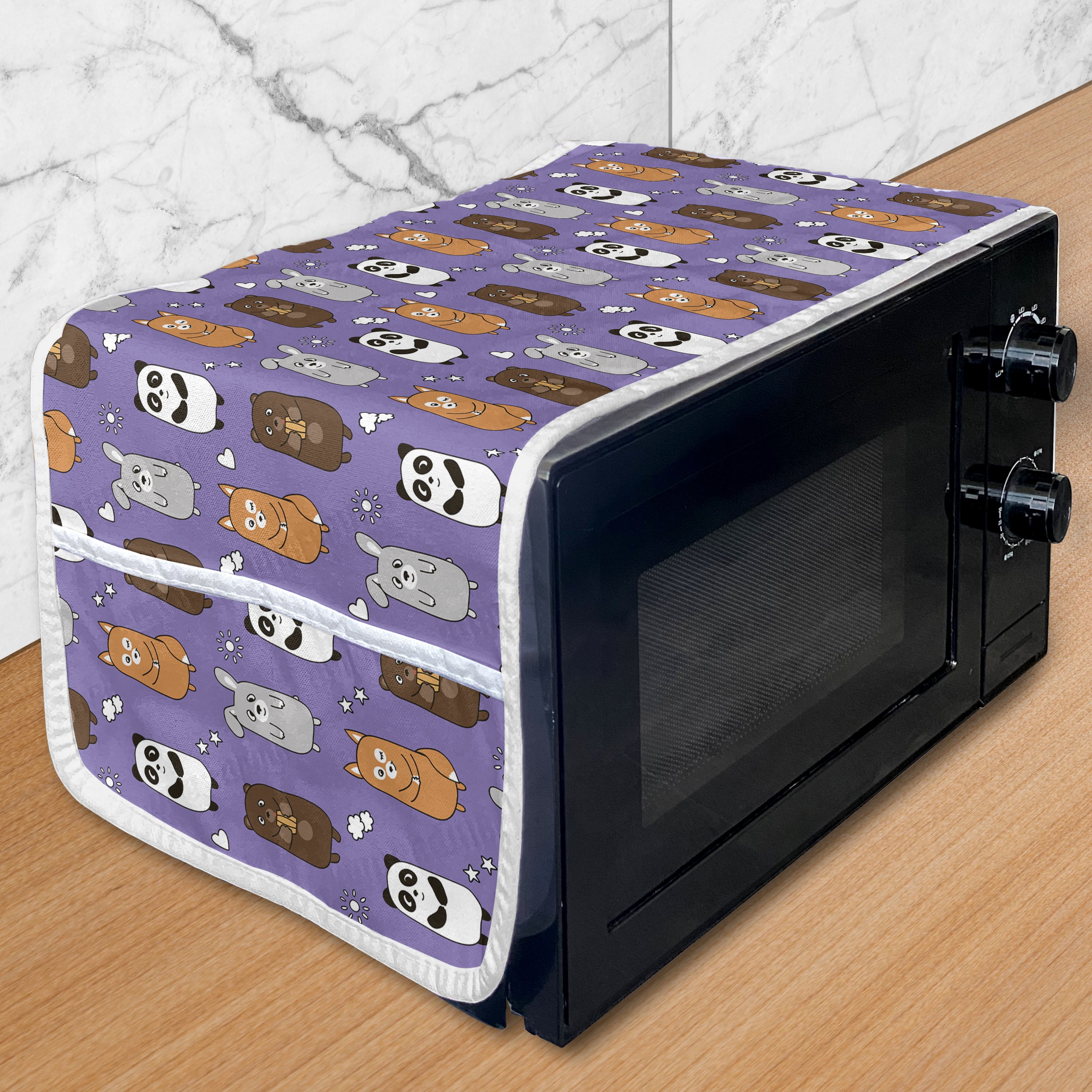 Cartoon Microwave Oven Cover, Smiling Fox Panda Bear Rabbits Clouds and ...