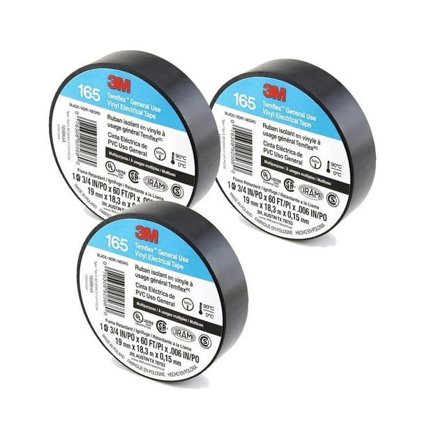 3M Temflex Vinyl Electrical Tape 165 Multi-purpose 3/4" X 60FT Black (3 ...