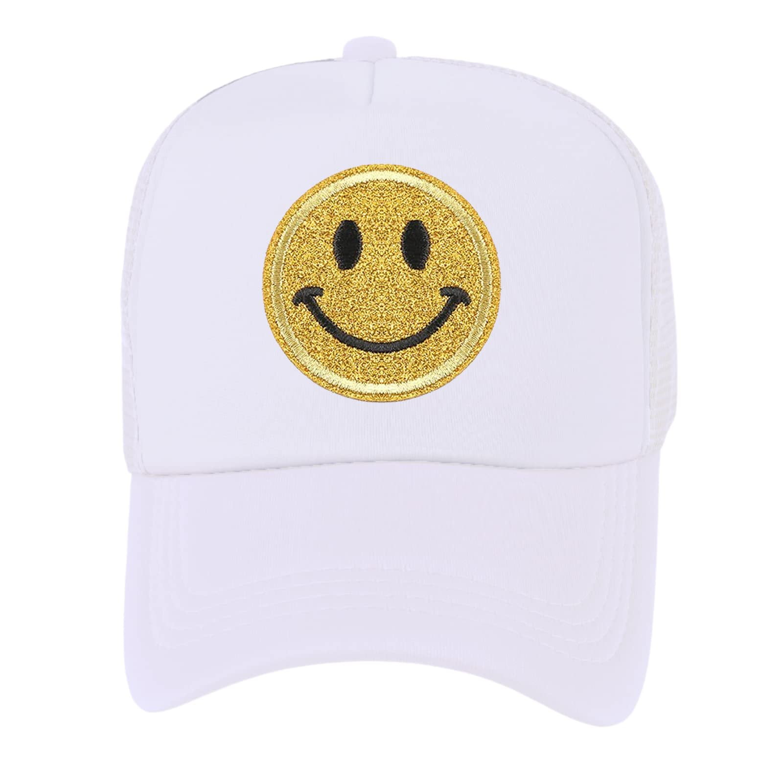 Yellow Glitter Smiley Face Trucker Hat,Adjustable Snapback Closure High ...