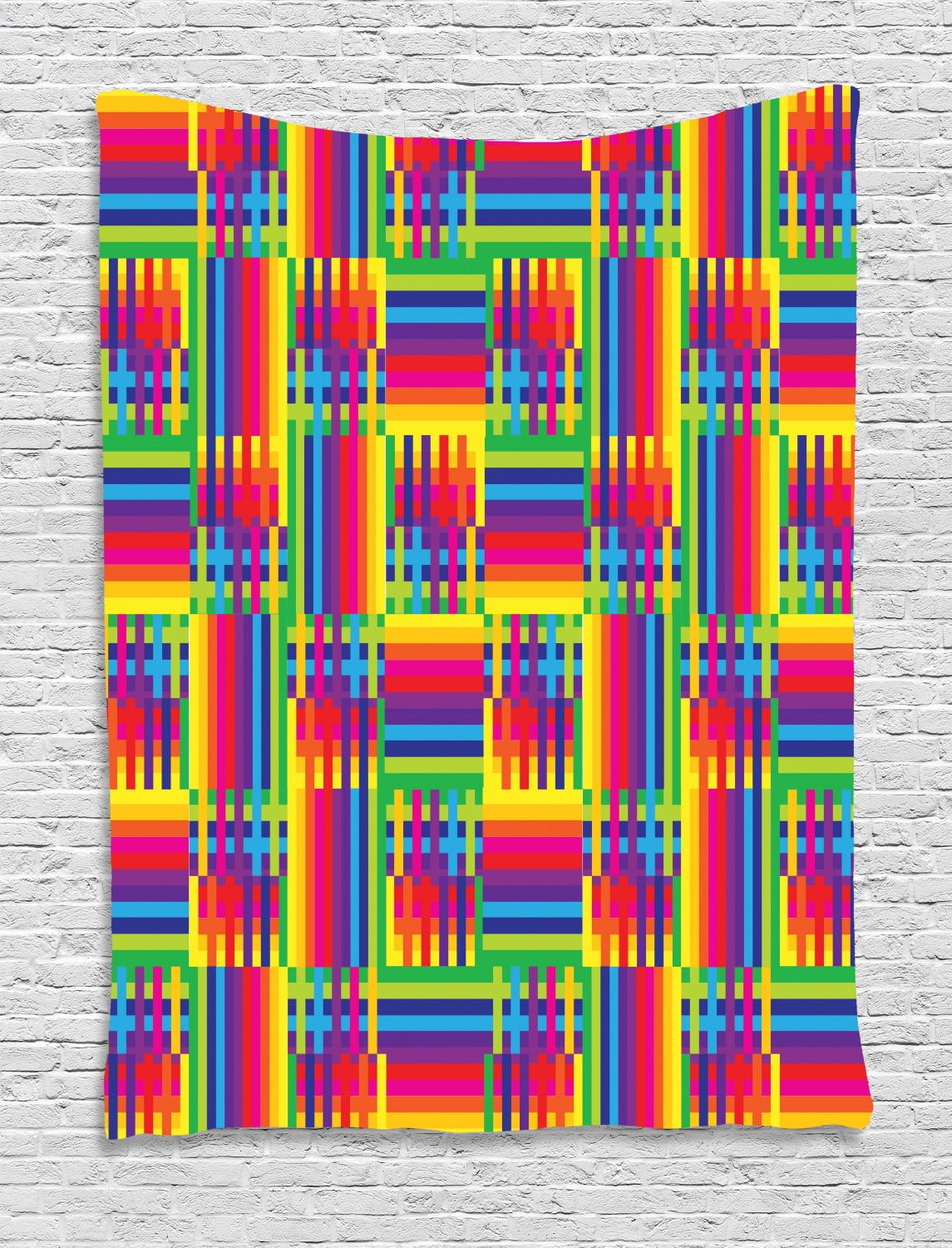 Vintage Rainbow Tapestry, Horizontal and Vertical Short Lines Vibrant ...