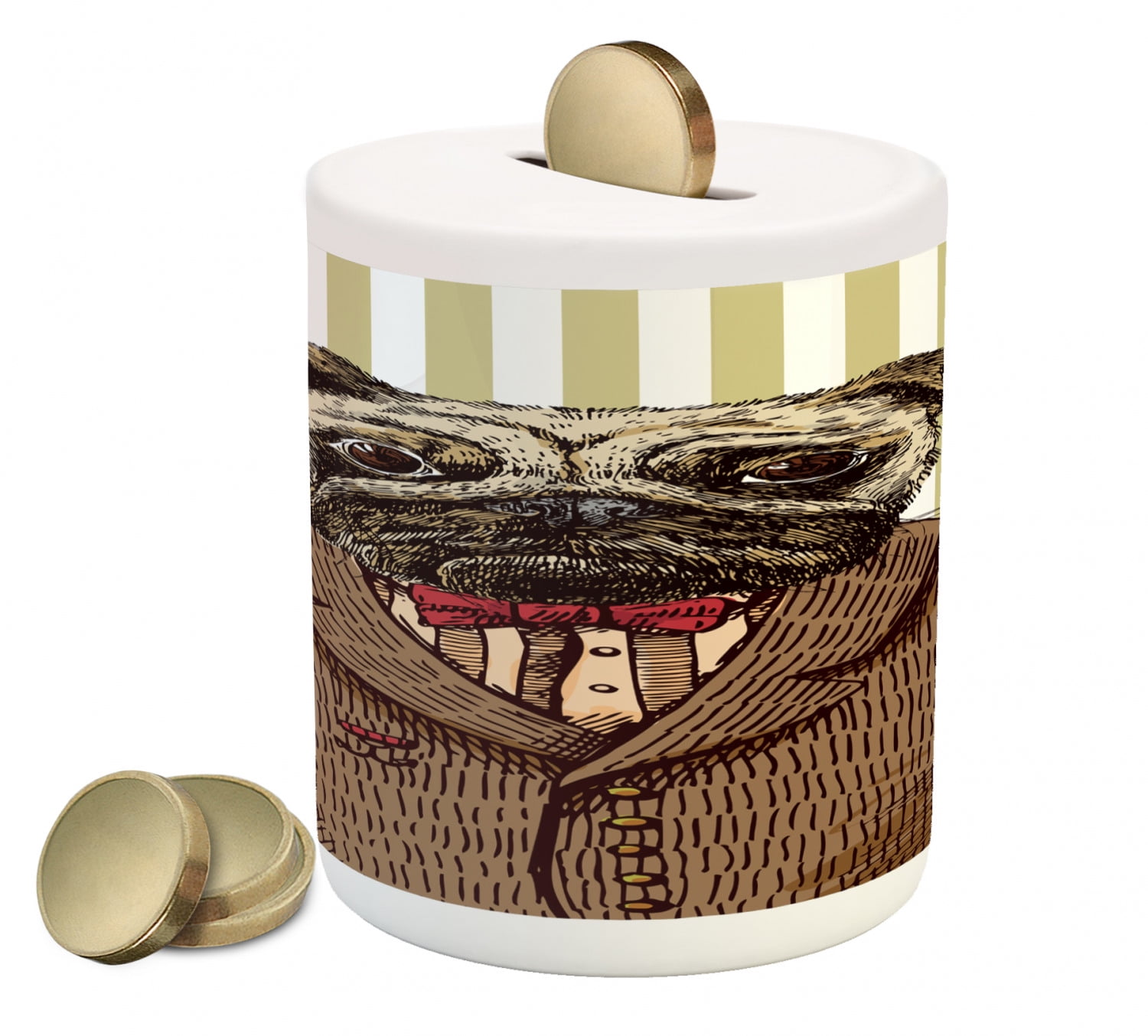 Pug Piggy Bank, Hand Drawn Sketch of Smart Dressed Dog Jacket Shirt Bow ...