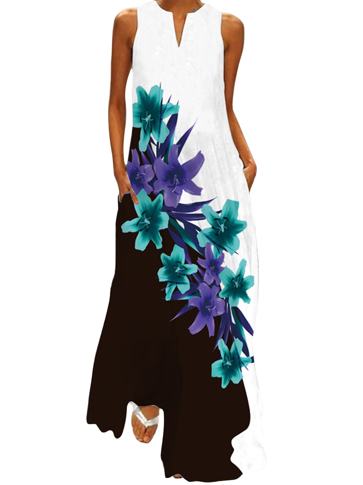Lumento Women Long Maxi Dresses Floral Print Tank Dress Sleeveless