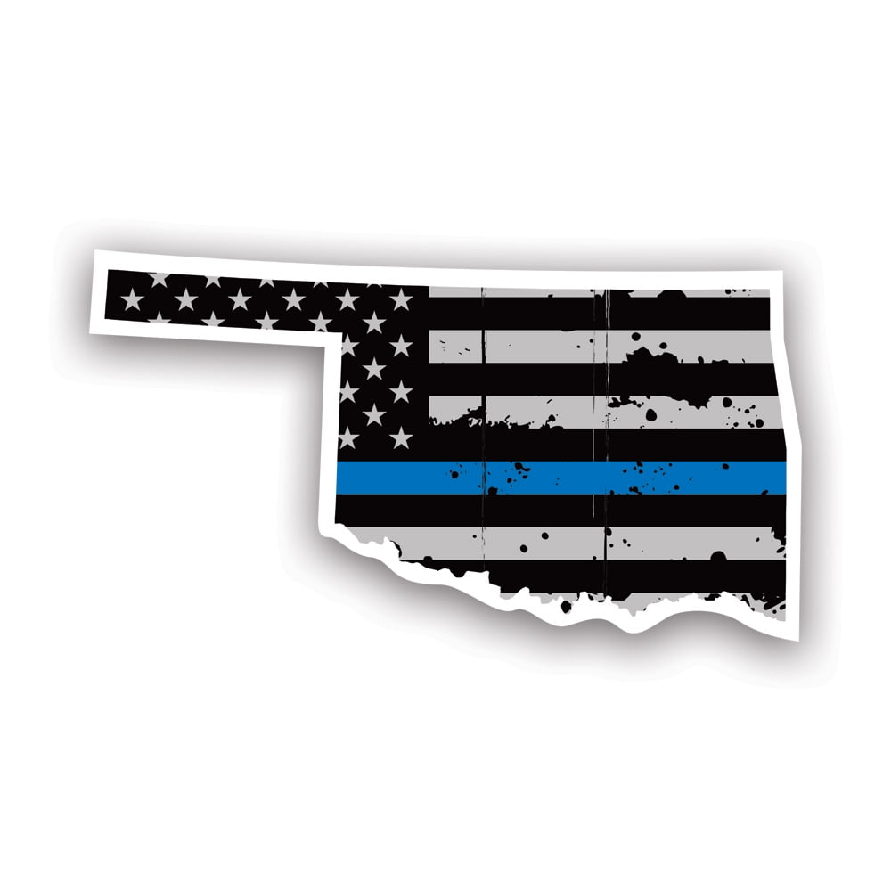 Distressed Thin Blue Line Oklahoma State Shaped Subdued US Flag Sticker Decal - Self Adhesive ...