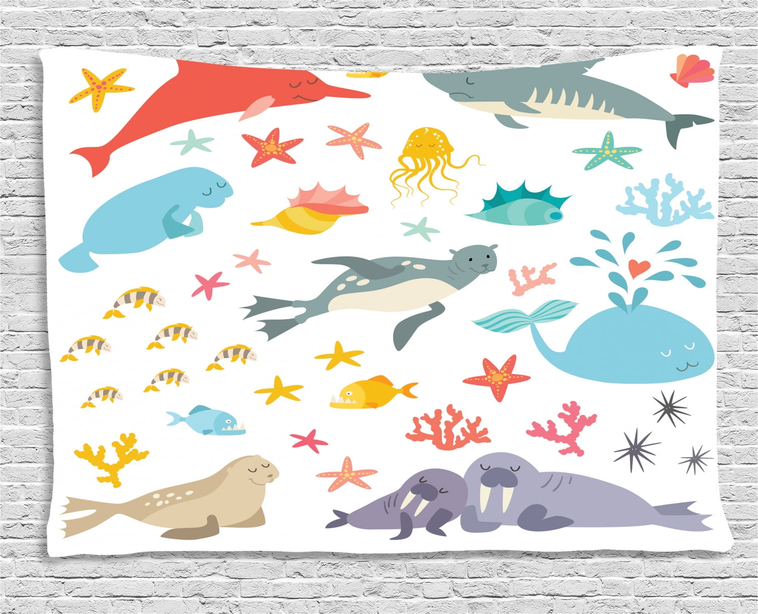 Ocean Tapestry, Whale Squid Sea Lion Shark Jellyfish Clownfish Dolphin ...