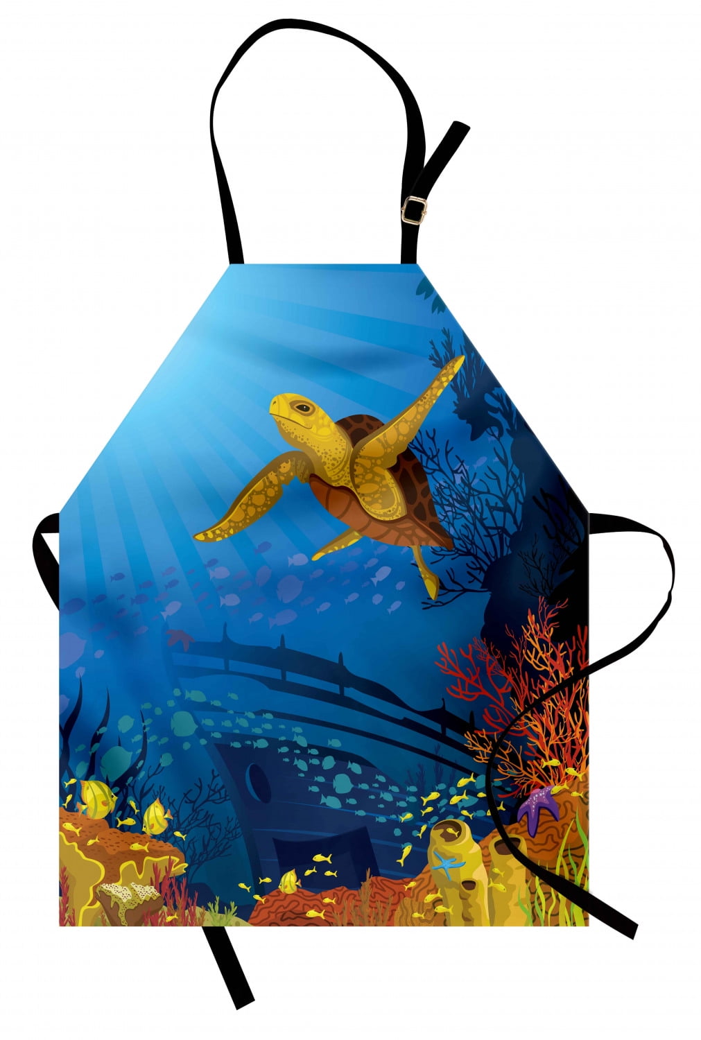 Ocean Apron Colored Coral Reef with Silhouette School of Fish and ...