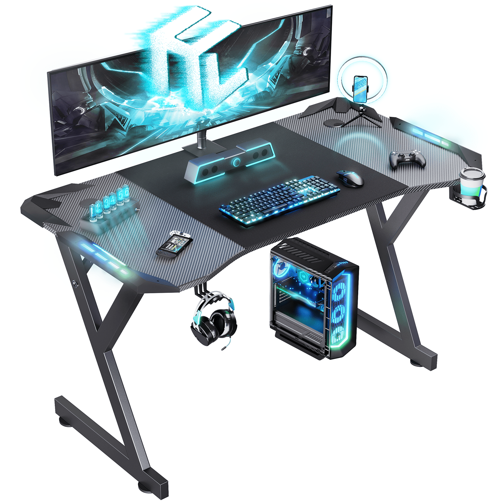 HLDIRECT 47 Inch Gaming Desk with LED Lights, Ergonomic Computer Gaming ...