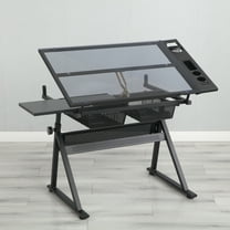 Drafting Table With Chair & 0 - 75° Adjustable Tempered Glass Top Black ...