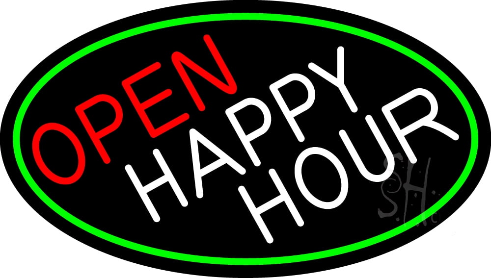 Open Happy Hour Oval With Green Border LED Neon Sign 20 x 37 - inches ...