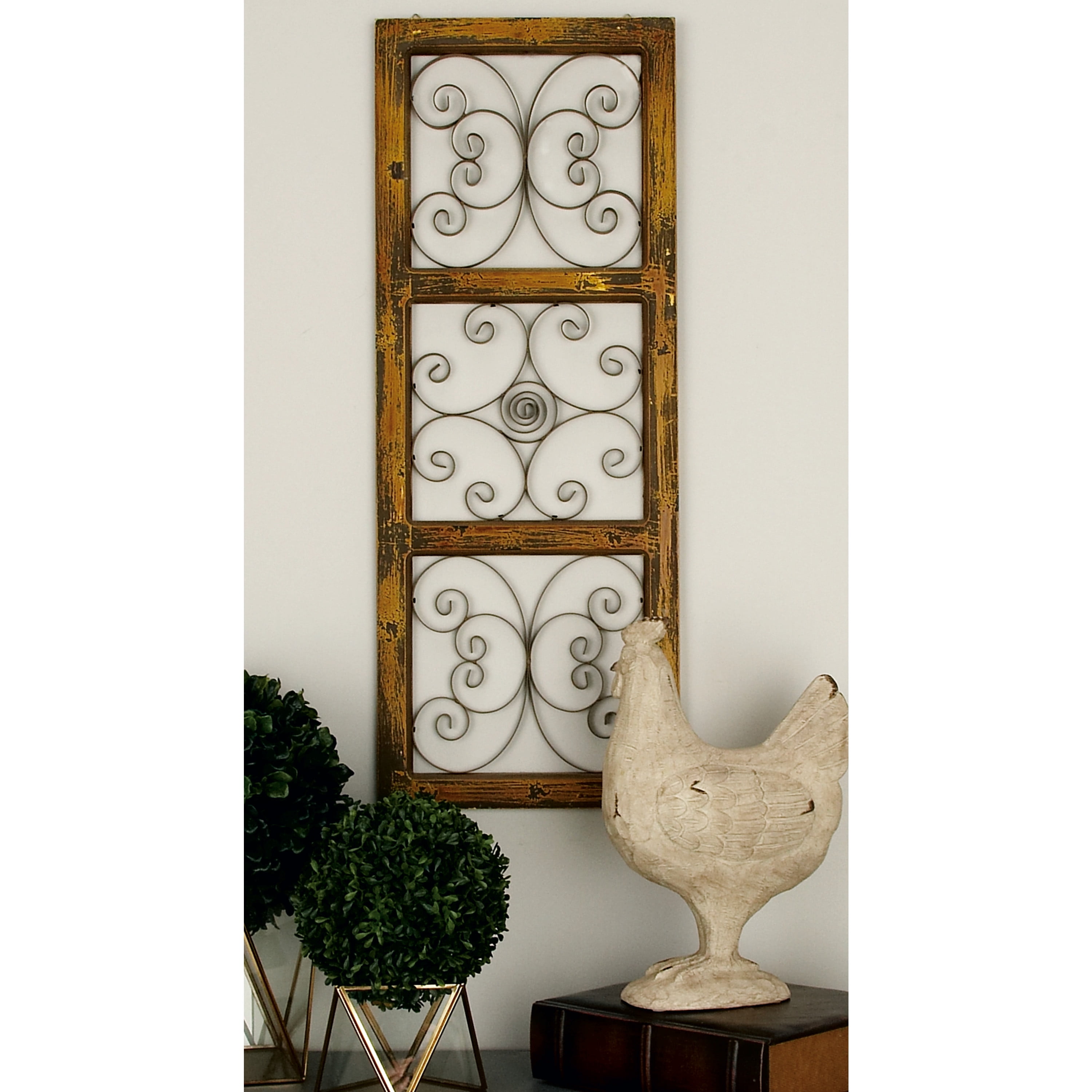 DecMode Brown Wood Window Inspired Scroll Wall Decor with Metal ...