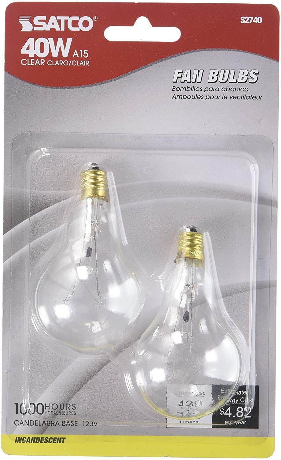 Satco S2740 120V Candelabra Base 40-Watt A15 Light Bulb, Clear ...
