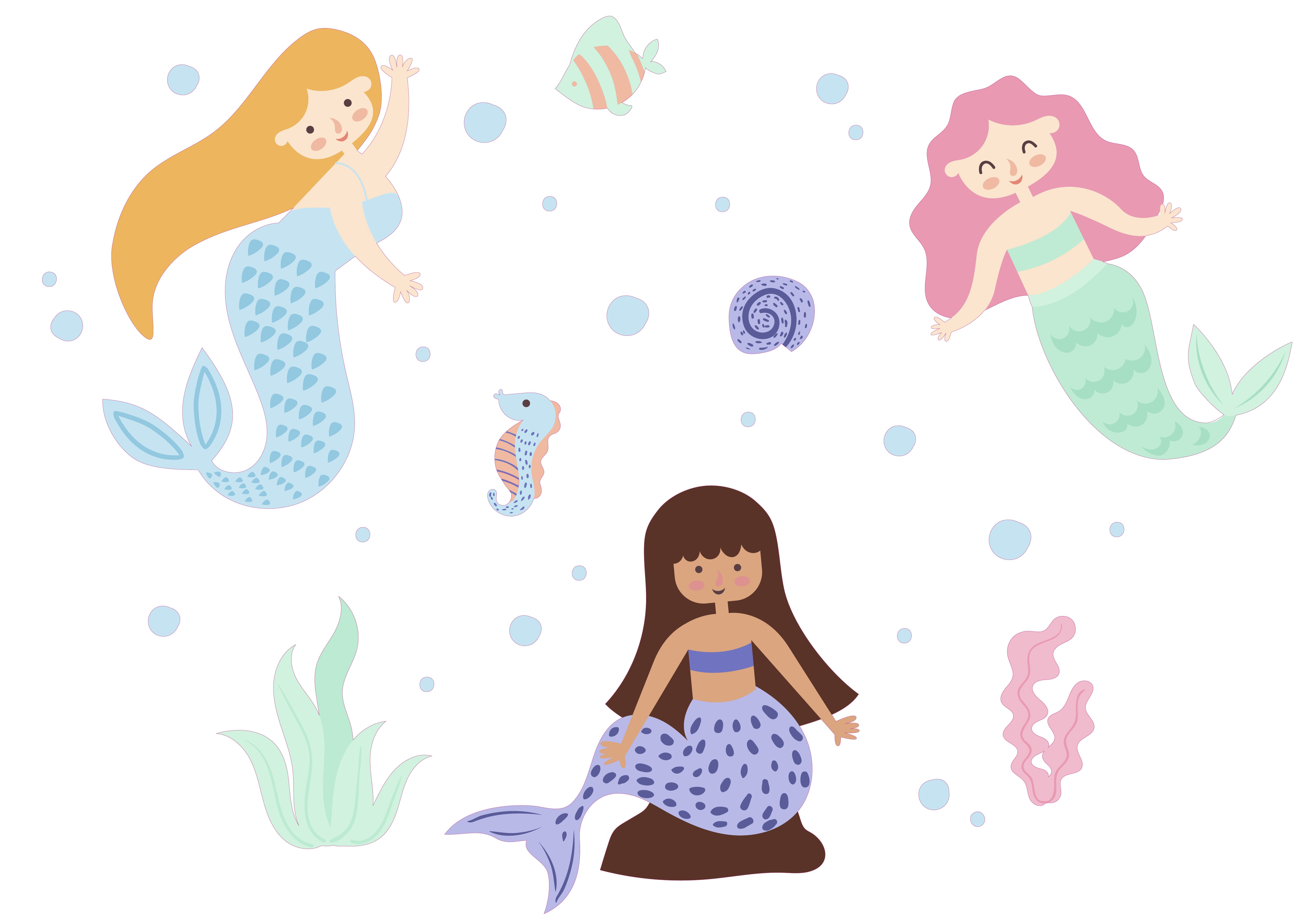 Vinyl Kids Girls Bedroom 14" x 20" Group Of Mermaids Vinyl Wall ...