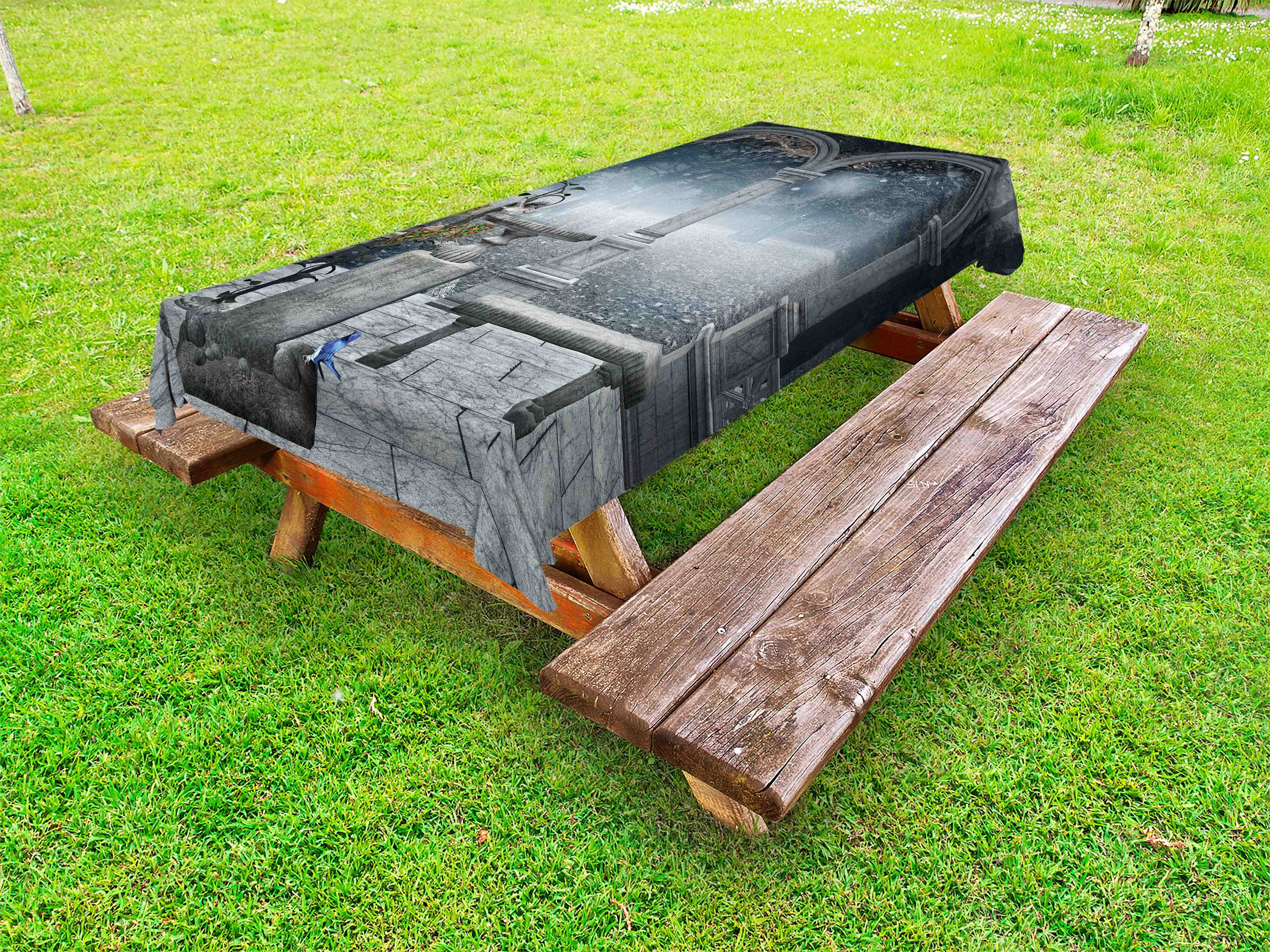Gothic Outdoor Tablecloth, Fictional Middle Age Mythical Stone Bench ...