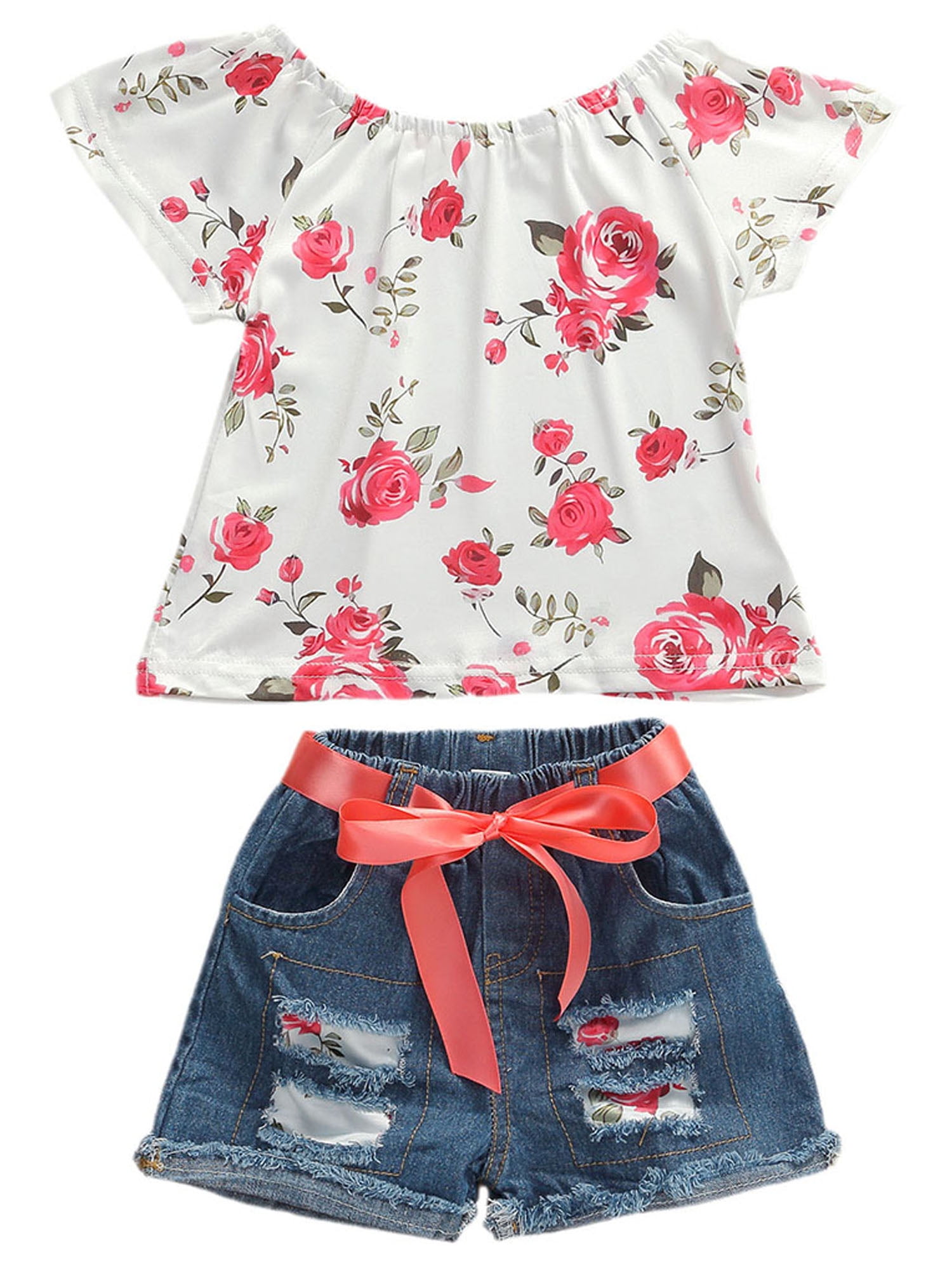 Canrulo 2PCS Toddler Baby Girl Kids Short Sleeve Floral Pattern Tops ...