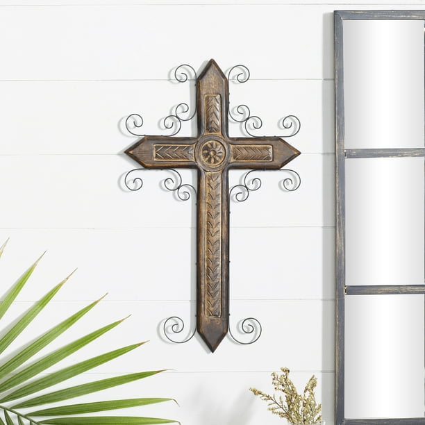 DecMode Brown Mango Wood Carved Cross Cross Wall Decor with Metal ...
