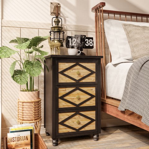 COZAYH Farmhouse 3-Drawer Nightstand, Woven Cattail Grass Slats Front ...