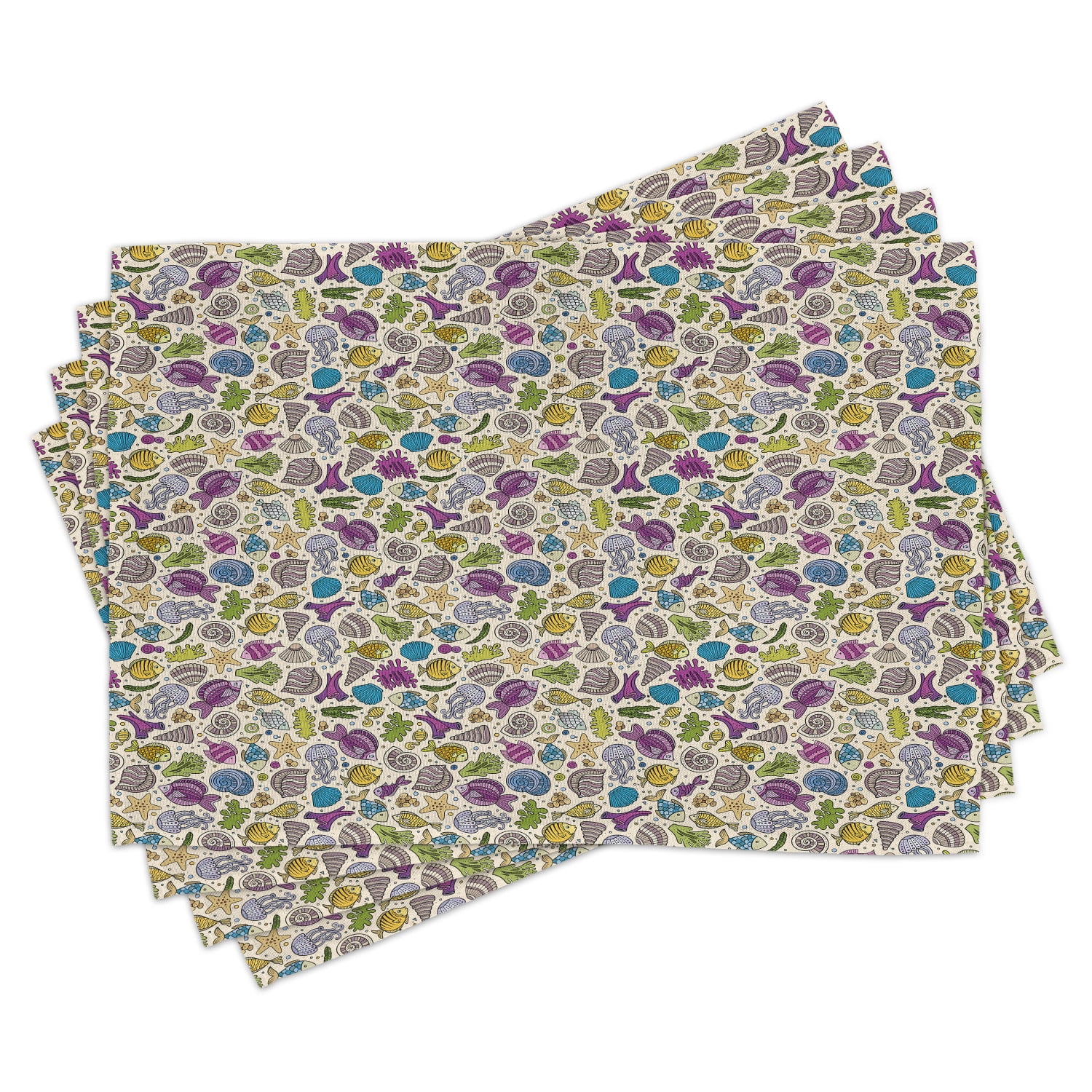 Ambesonne Cartoon Place Mats Set of 4, Ocean Creatures Shells, Standard ...