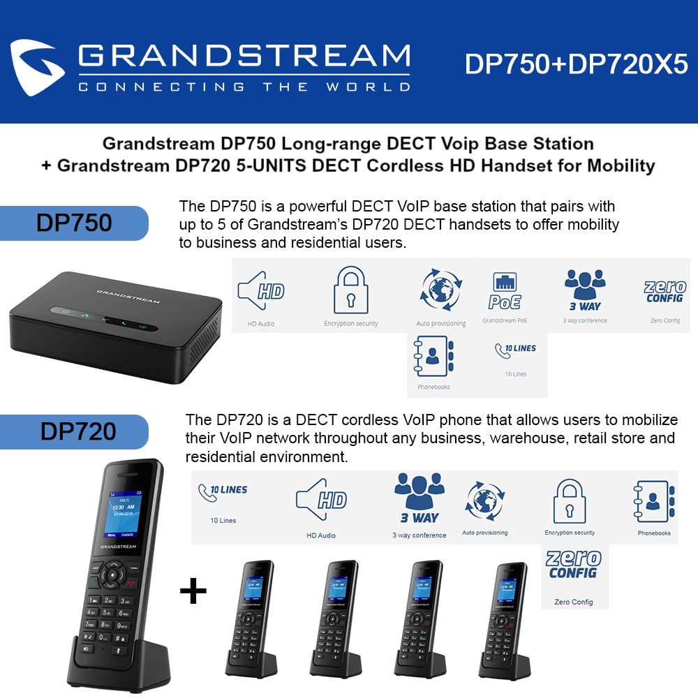Grandstream DP750 Long-range DECT Base Station + DP720 5-UNITS DECT HD ...