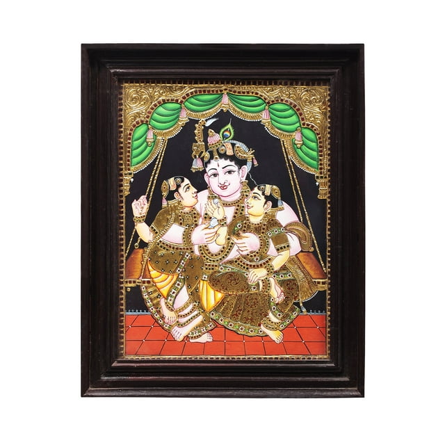 Lord Krishna With Rukmini And Satyabhama Tanjore Painting | Traditional Colors With 24K Gold ...
