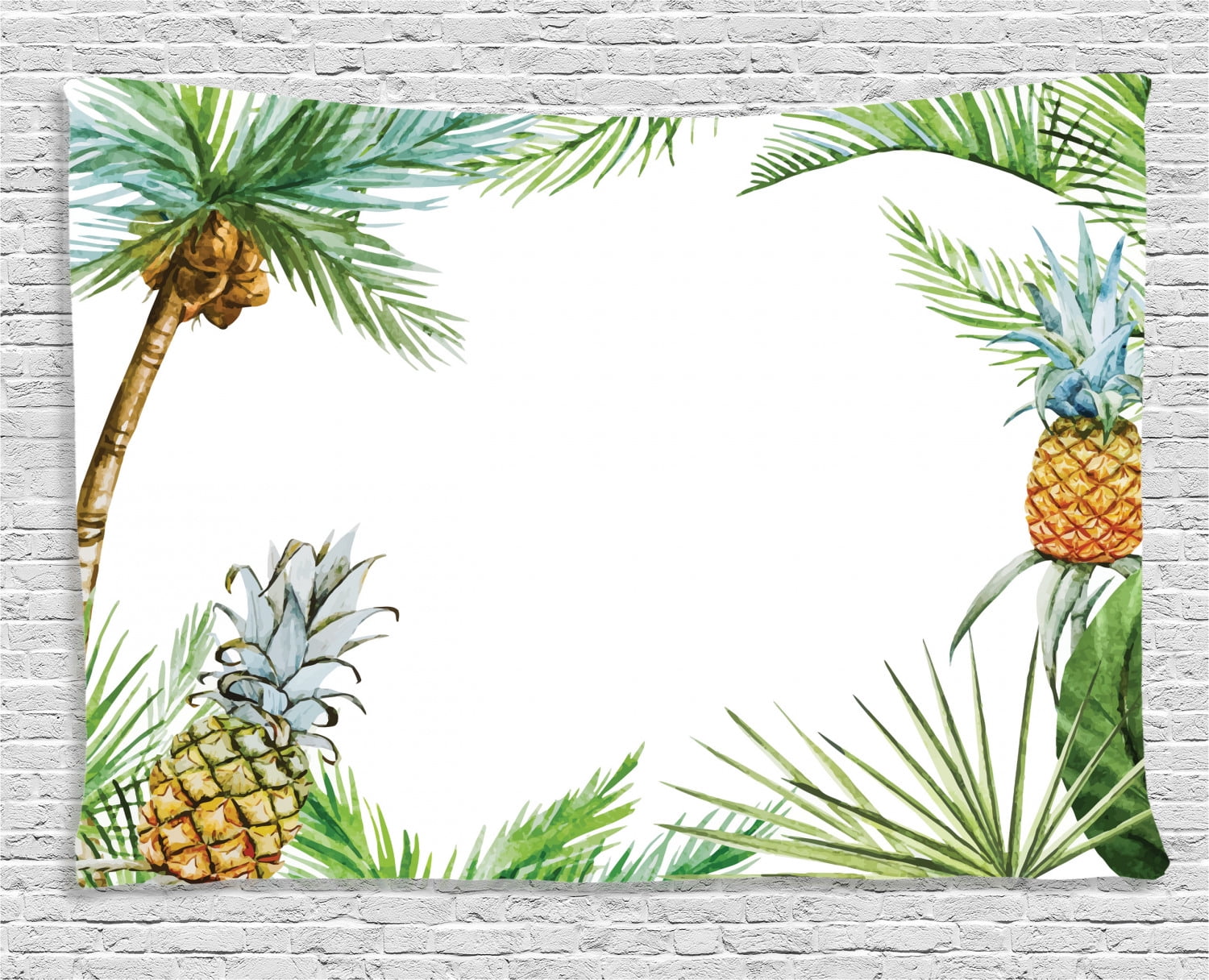 Pineapple Decor Tapestry, Watercolor Tropical Island Border Print with ...