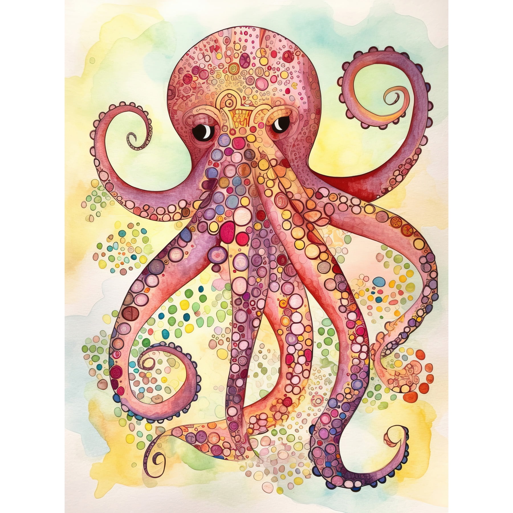 Octopus Portrait Bright Folk Art Watercolour Painting Unframed Wall Art ...