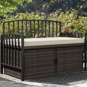 DWVO Outdoor Patios Deck Box Bench with Cushion All-Weather Steel PE ...