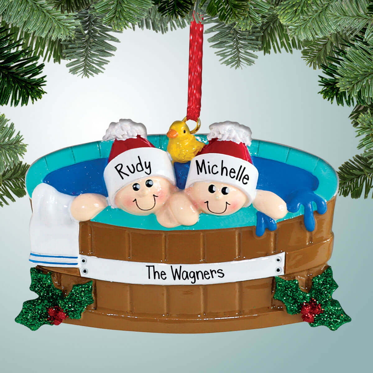 Hot Tub with Holly Couple - Personalized Christmas Ornaments - Family ...