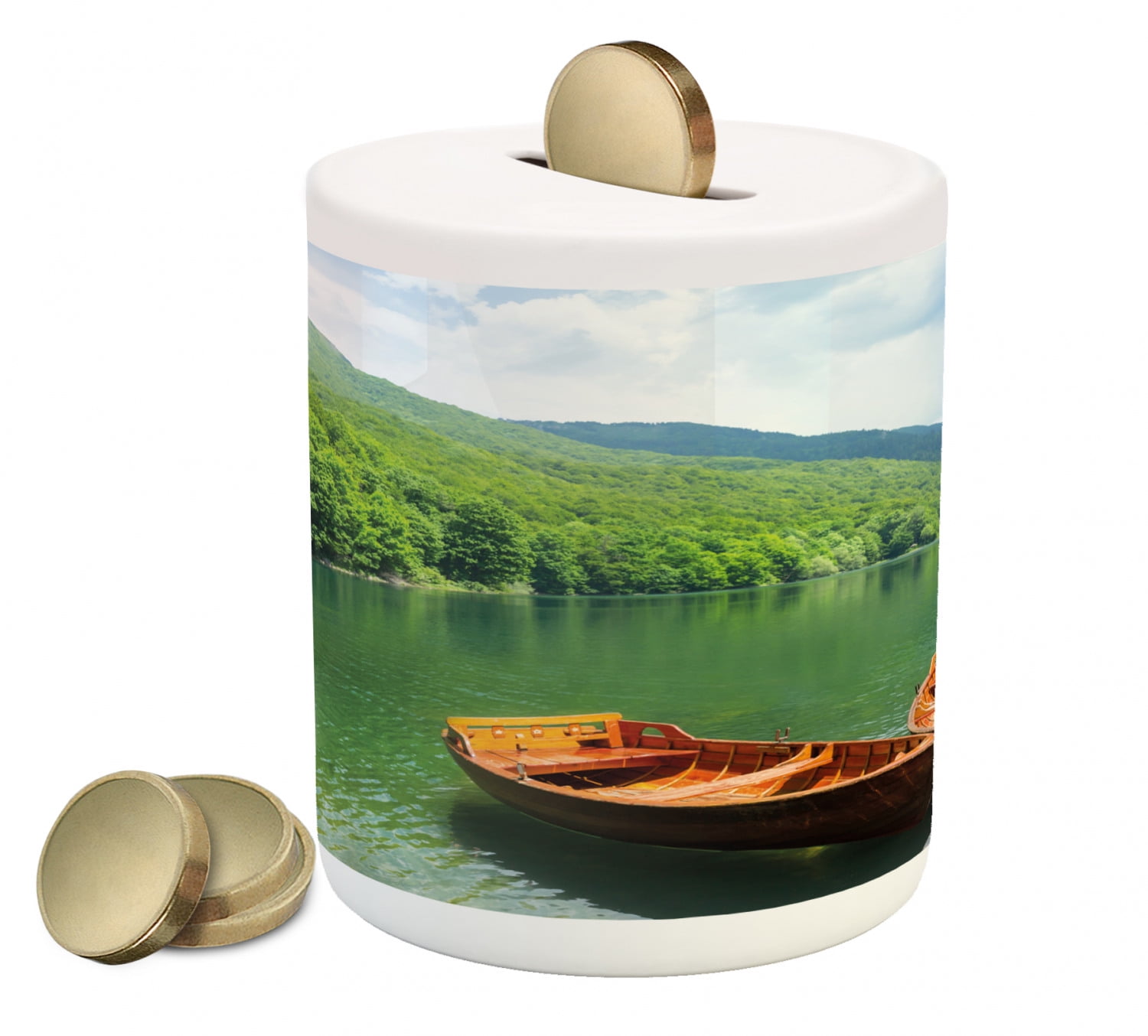 Nature Piggy Bank, Boats on the Lake by Forest Surreal Serene in ...