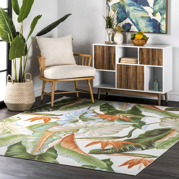 nuLOOM Nevaya Machine Washable Floral Leaves Area Rug, 8' x 10', Green ...