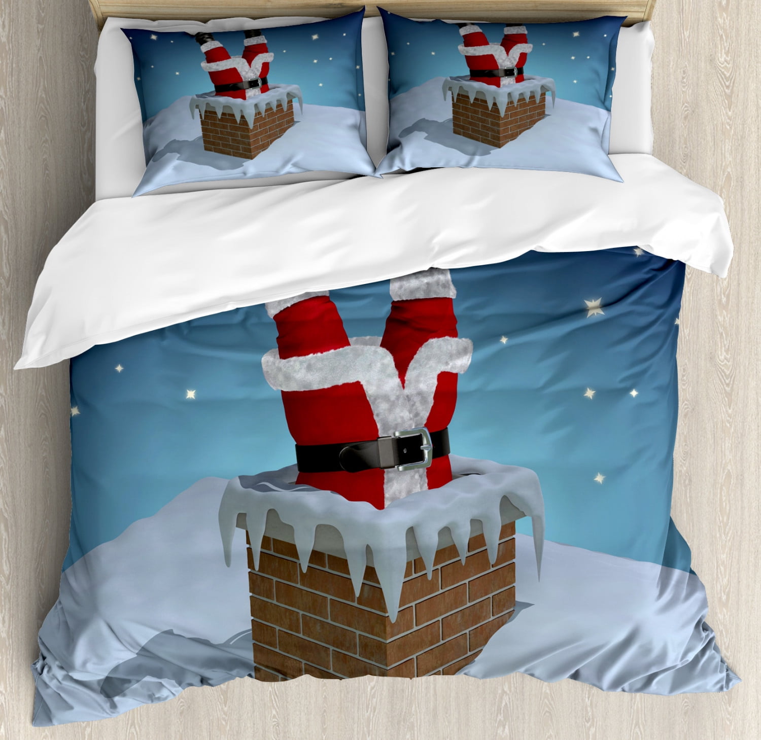 Santa Duvet Cover Set Queen Size, Father Christmas Stuck in the Chimney ...