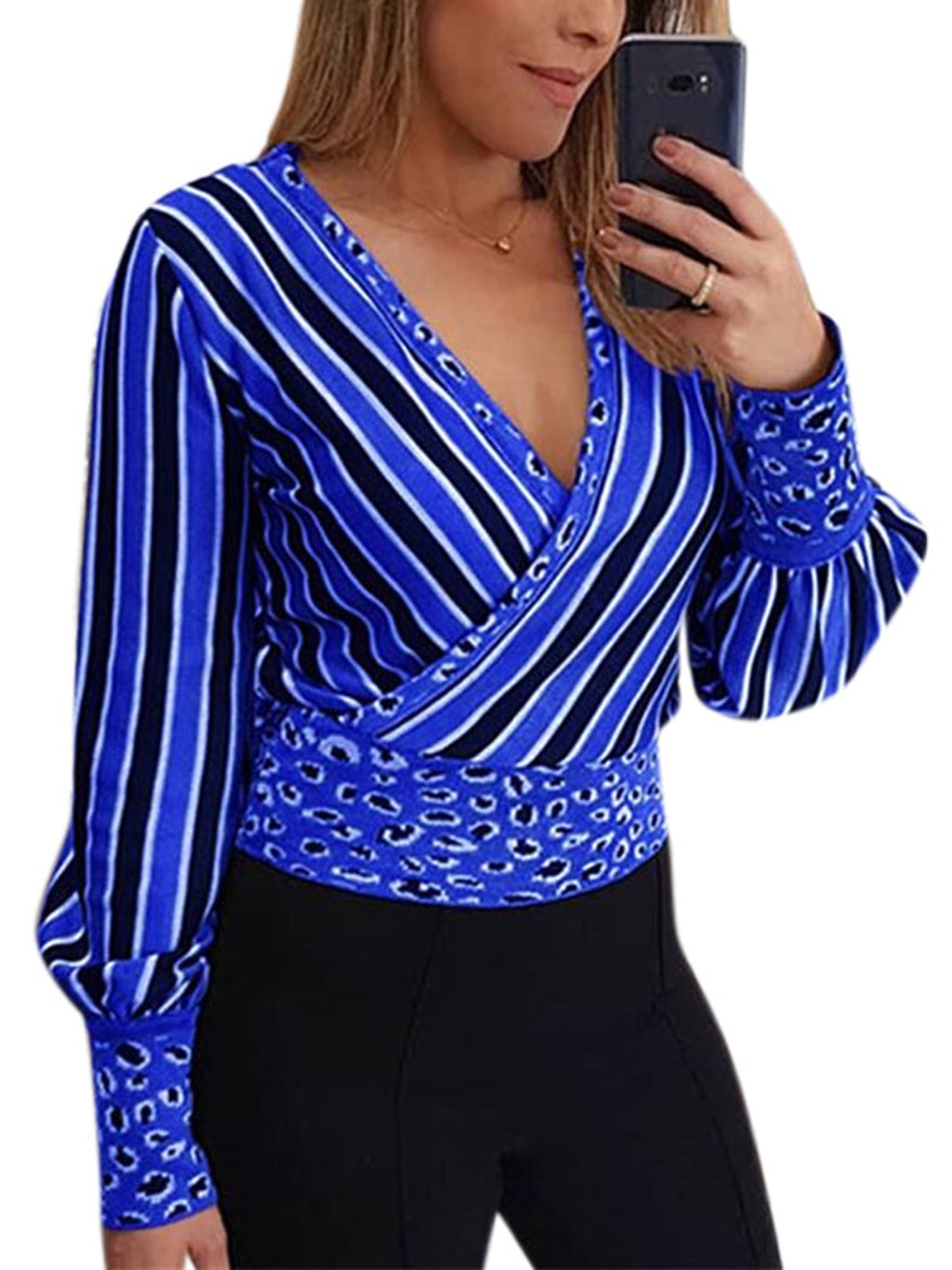 Wodstyle - Women's Plus Size Long Sleeve Shirts Deep V Neck Striped ...