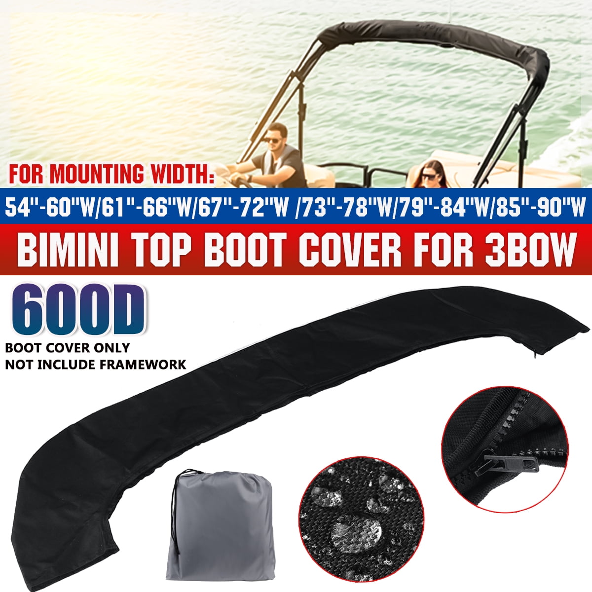 600D 3 BOW Bimini Top Boot Cover Storage Bag Sock Boat Shade No Frame ...