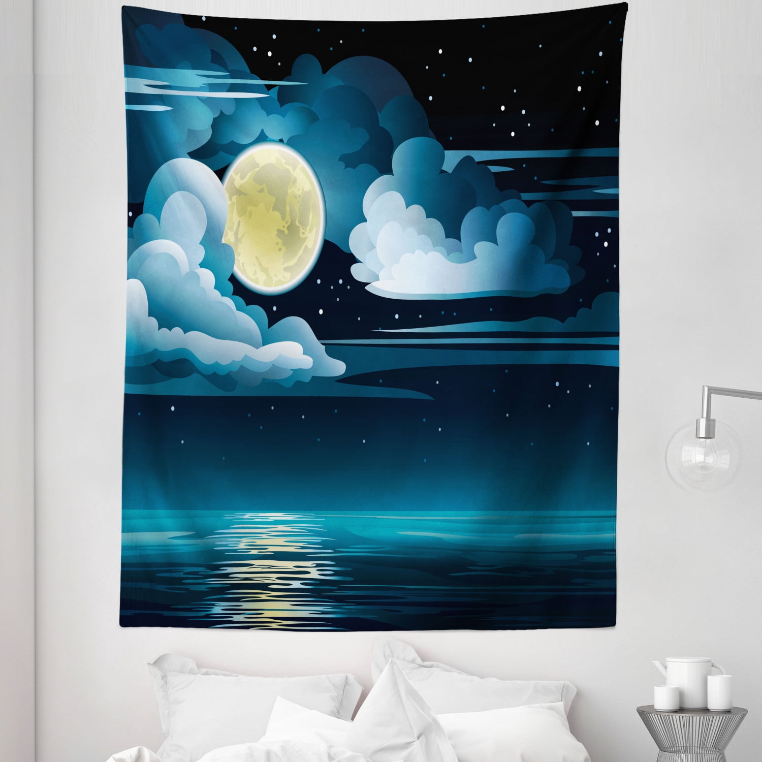 Night Tapestry, Clouds Full Moon and Stars over the Sea Romantic ...