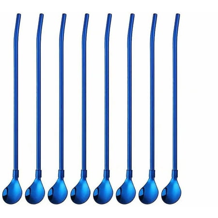 8 Reusable Stainless Steel Straws Spoons, Drinking Straw Spoons Blue ...