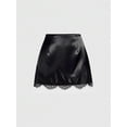 Black Polka Dot Satin Mini Skirt With Lace Trim, Elegant Retro A-Line ...