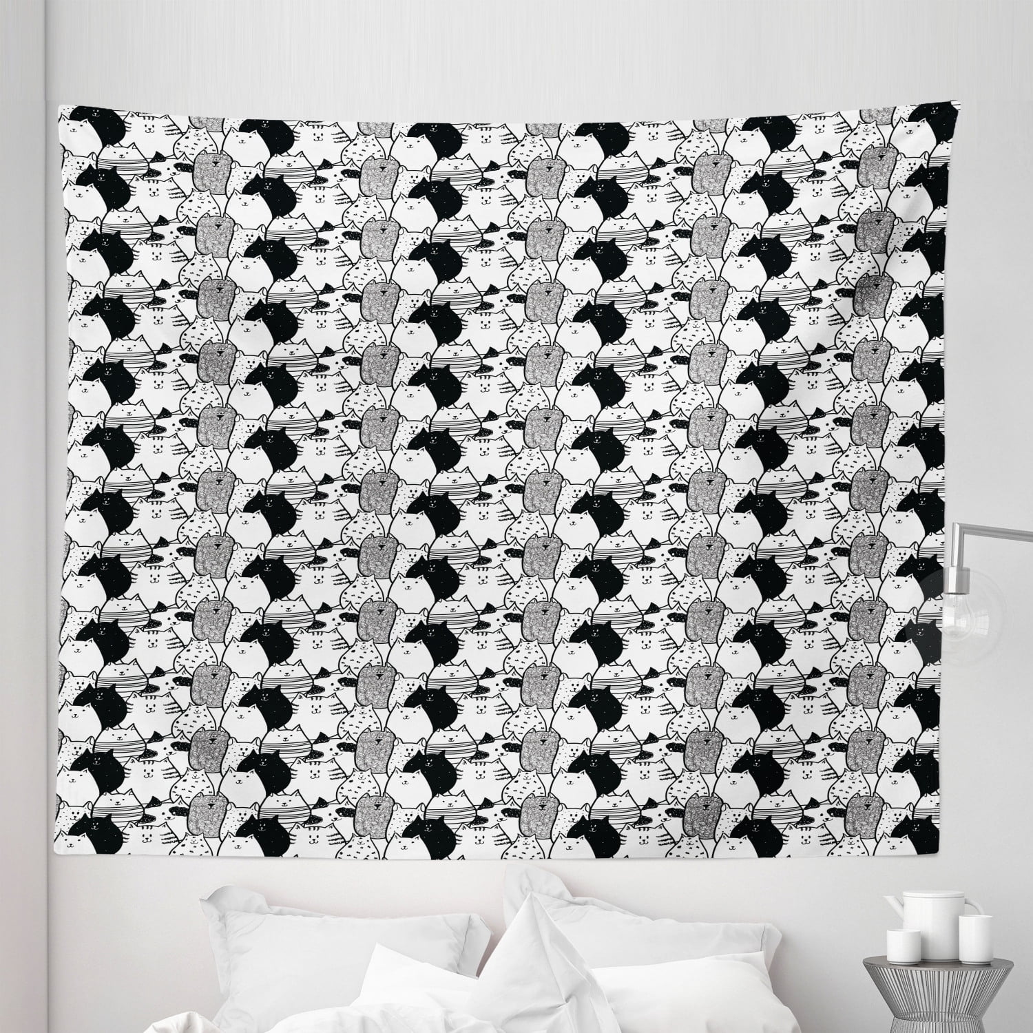 Cat Tapestry, Monochrome Pattern with Hand Drawn Style Animal ...