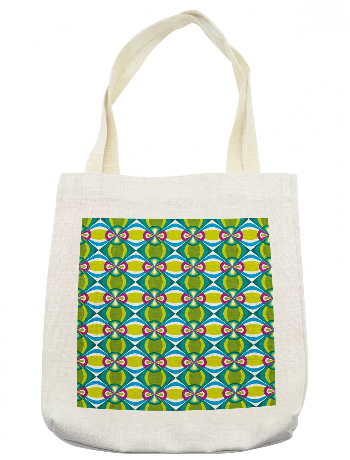 Abstract Tote Bag, Geometric Checked Pattern with Floral Motifs ...