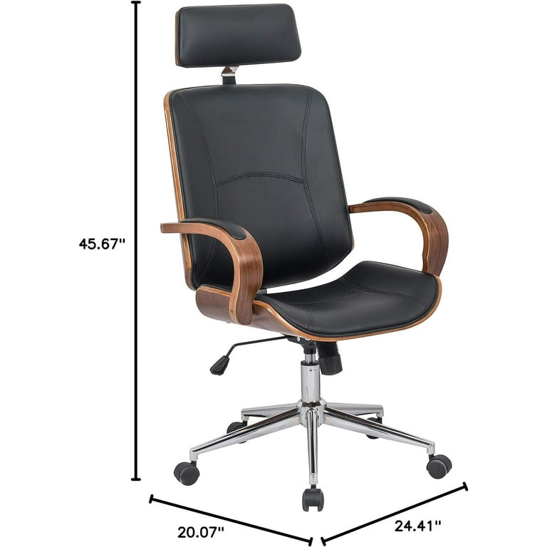 IDS Home High Back Ergonomic Office Task Chair with Height Adjustable Headrest Armrest Lumbar Support Walnut Bentwood with Black Faux Leather