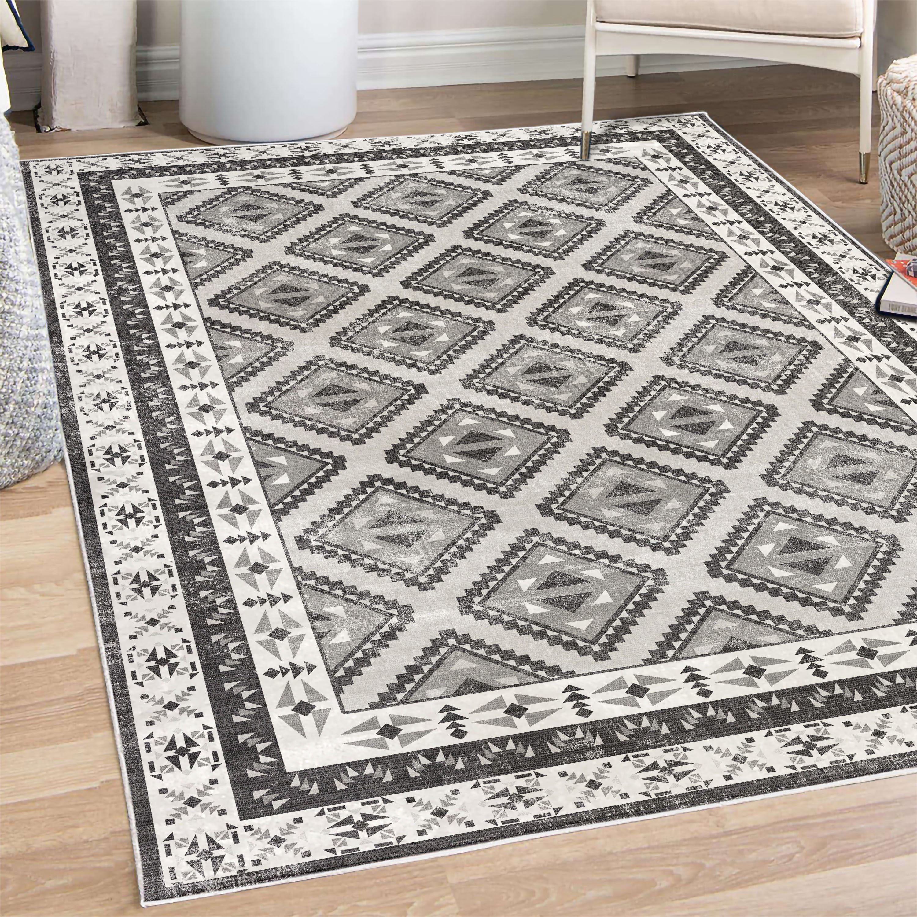 Geometric Decorative Rug, Ethnic Rustic Zigzagged Squares Folkloric ...