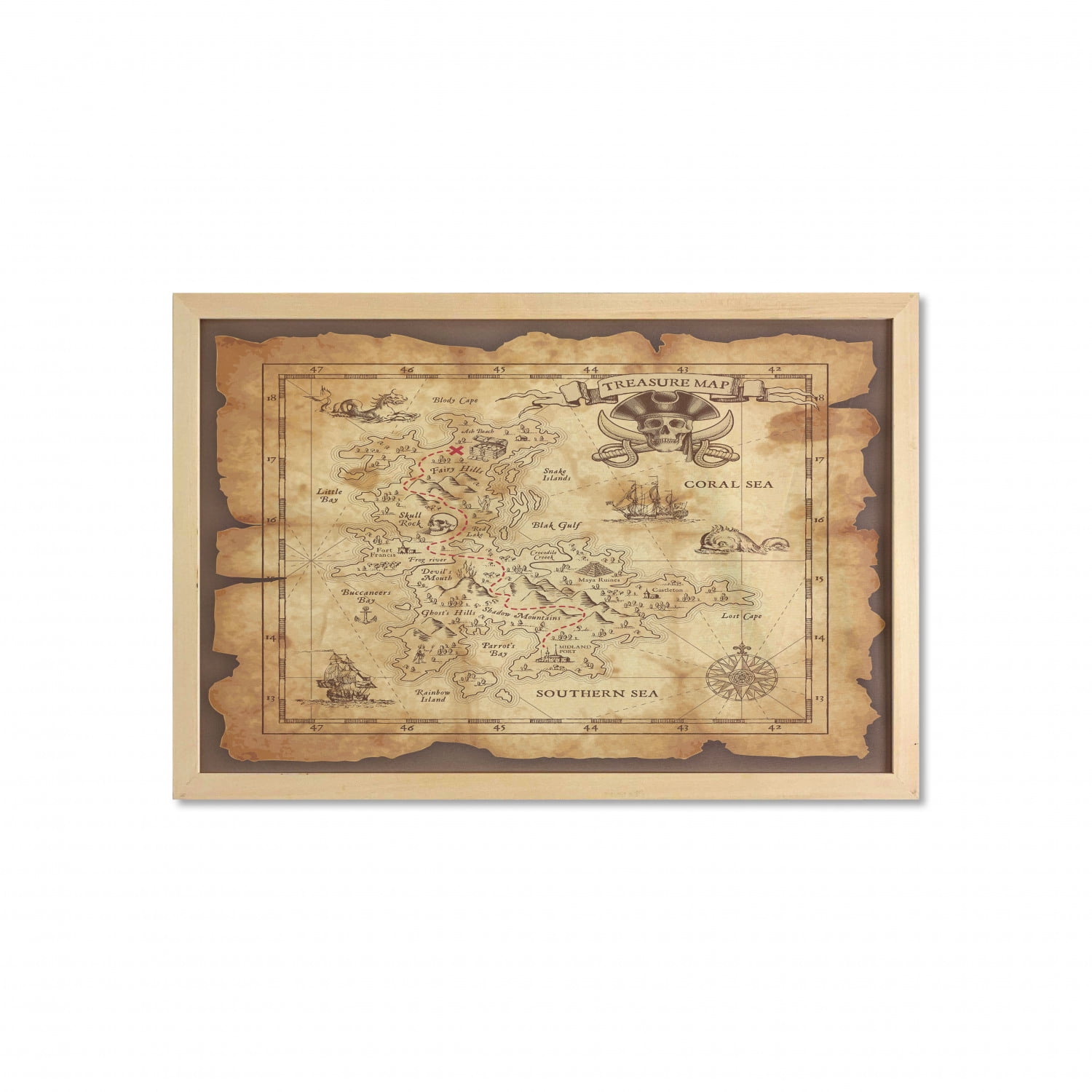 Island Map Wall Art with Frame, Super Detailed Treasure Map Grungy ...