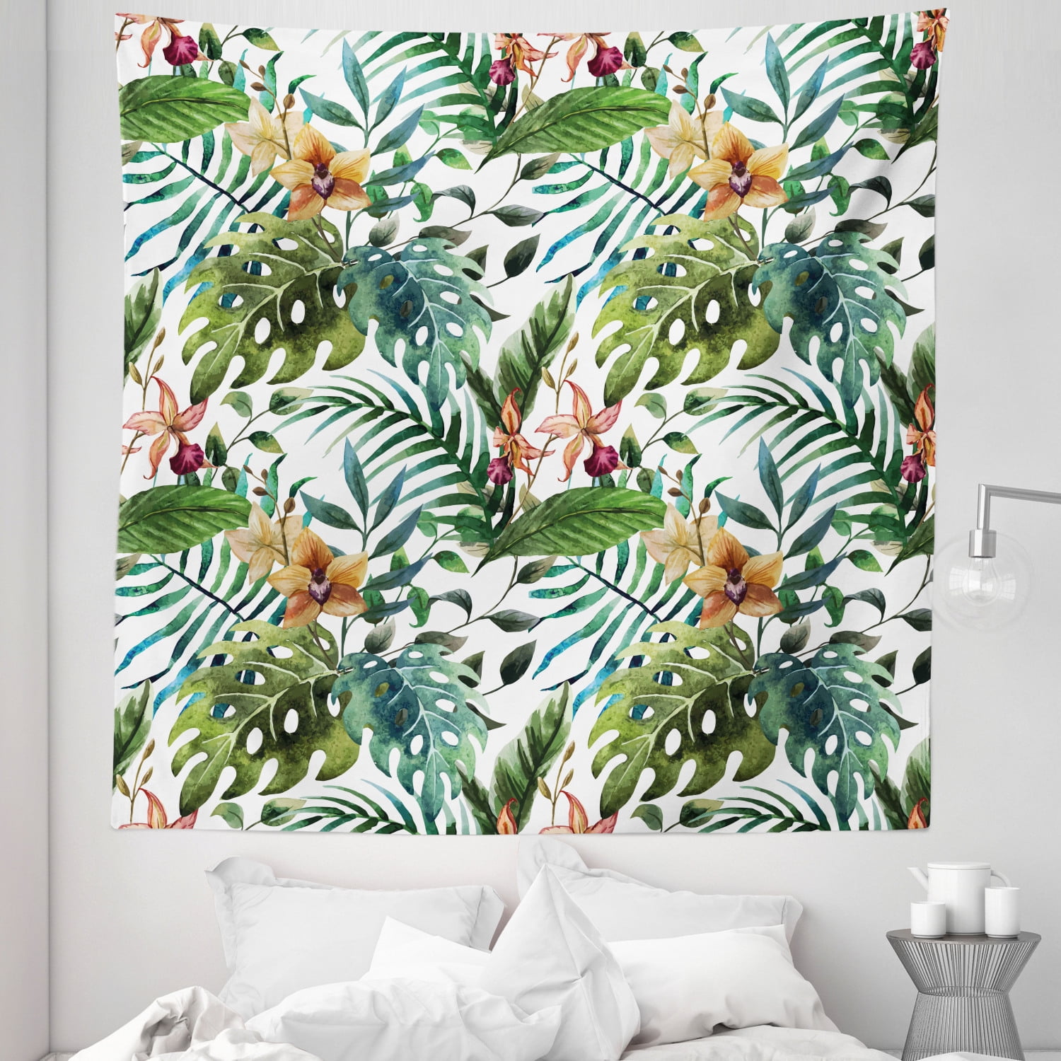 Leaf Tapestry, Vintage Retro 60s Seem Banana Palm Tree Leaves Flowers ...