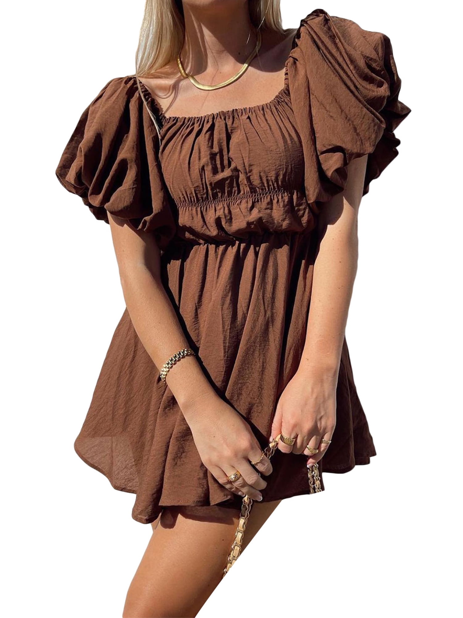 Women's Casual Puff Sleeves Off Shoulder Mini Dress Square Neck Ruffled ...