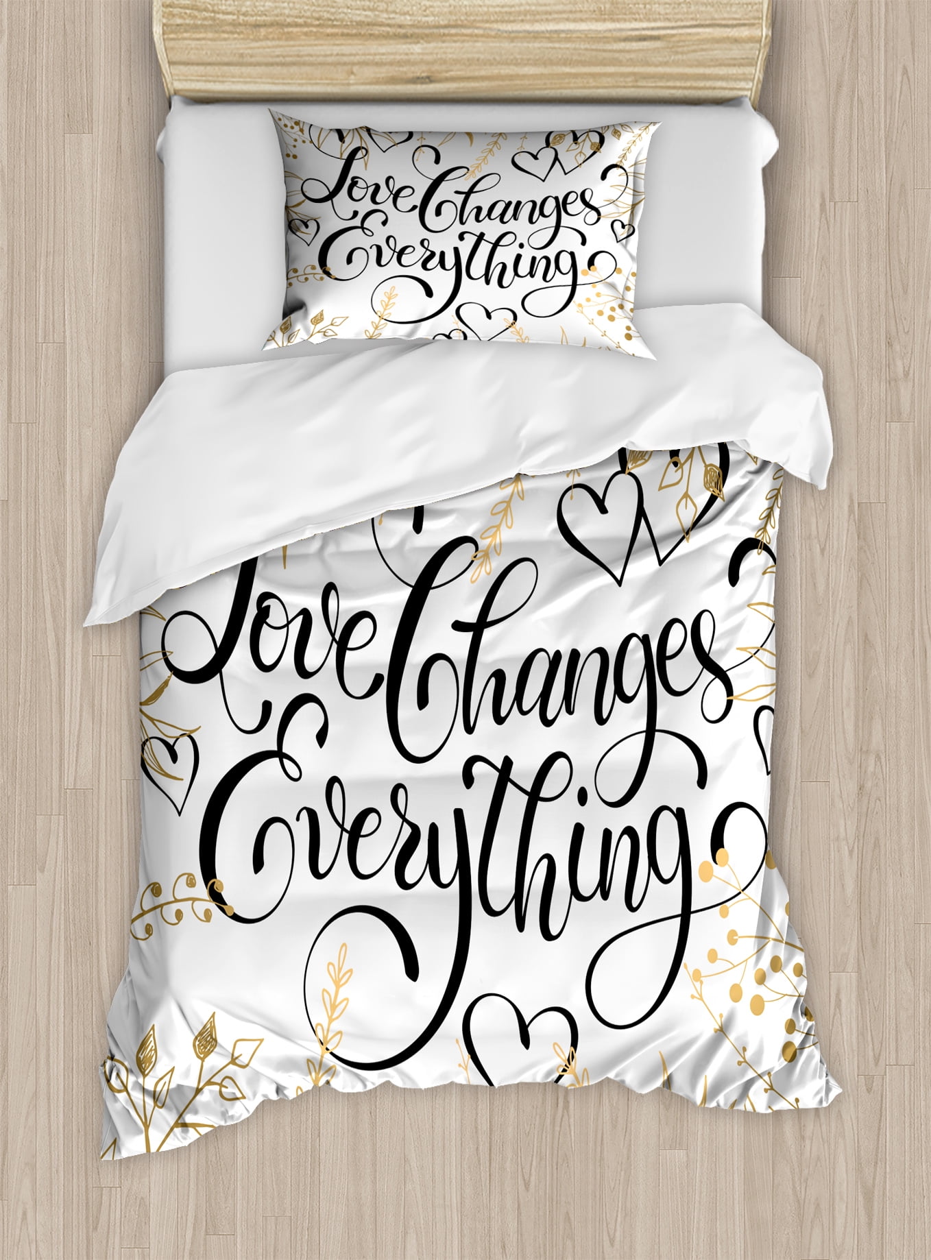 Romantic Twin Size Duvet Cover Set, Golden Foliage Pattern Frame Style ...